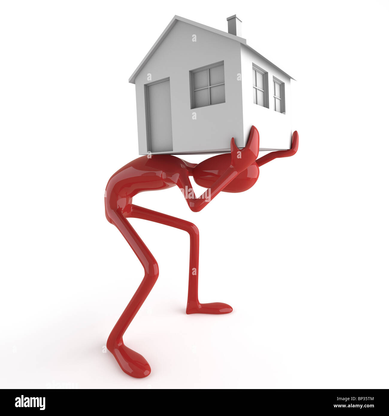 Isolated red dummy carrying house icon as concept for mortgage ...