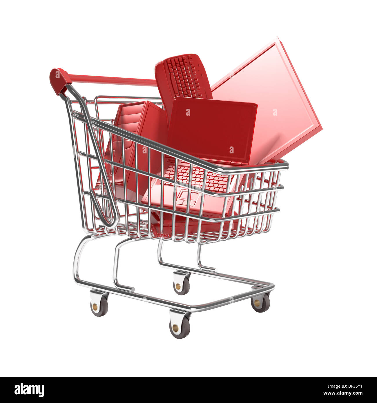 isolated concept of shopping cart with lots of technology equipment ...