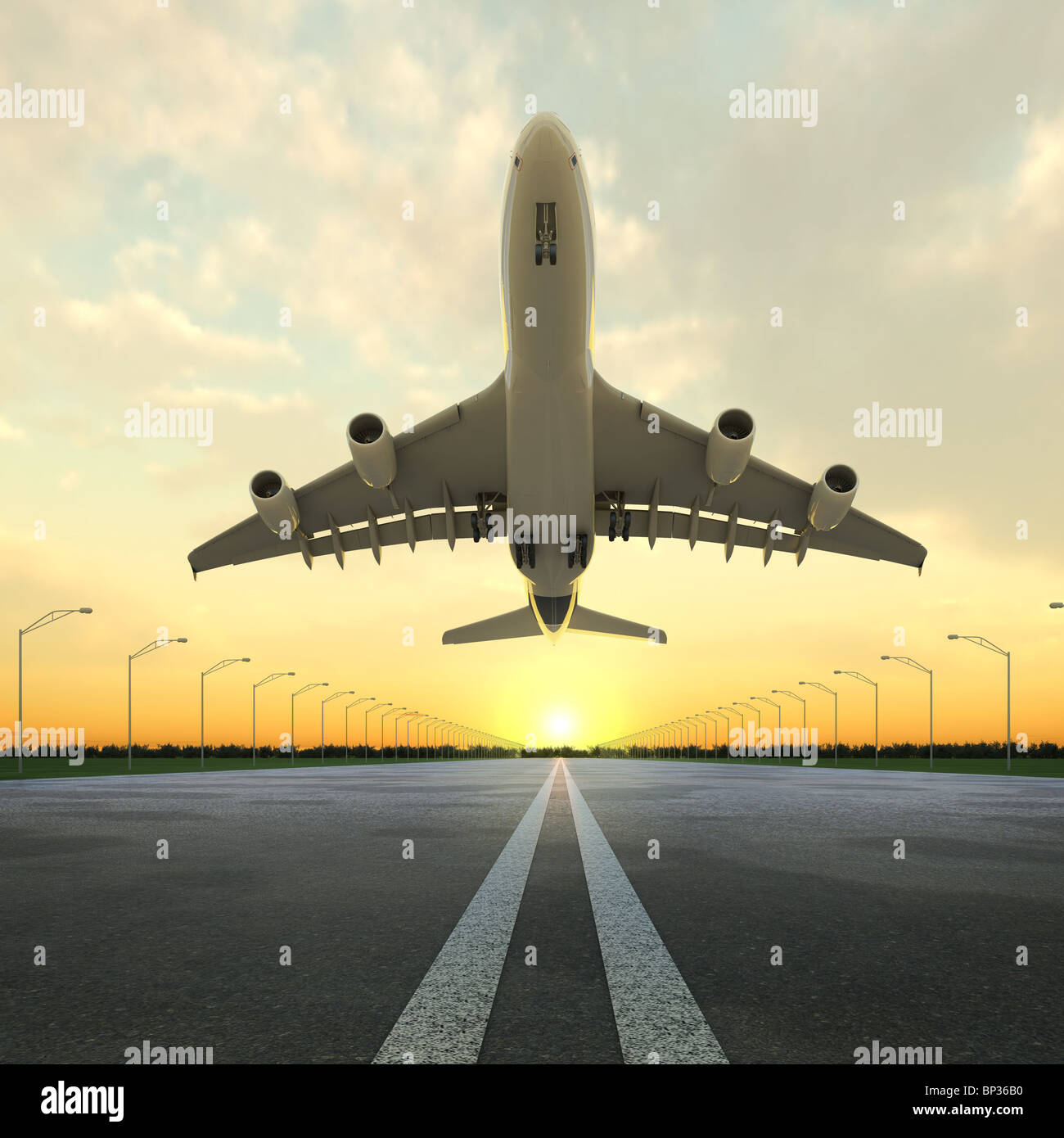 airplane at takeoff seen from the bottom in the airport landing strip ...