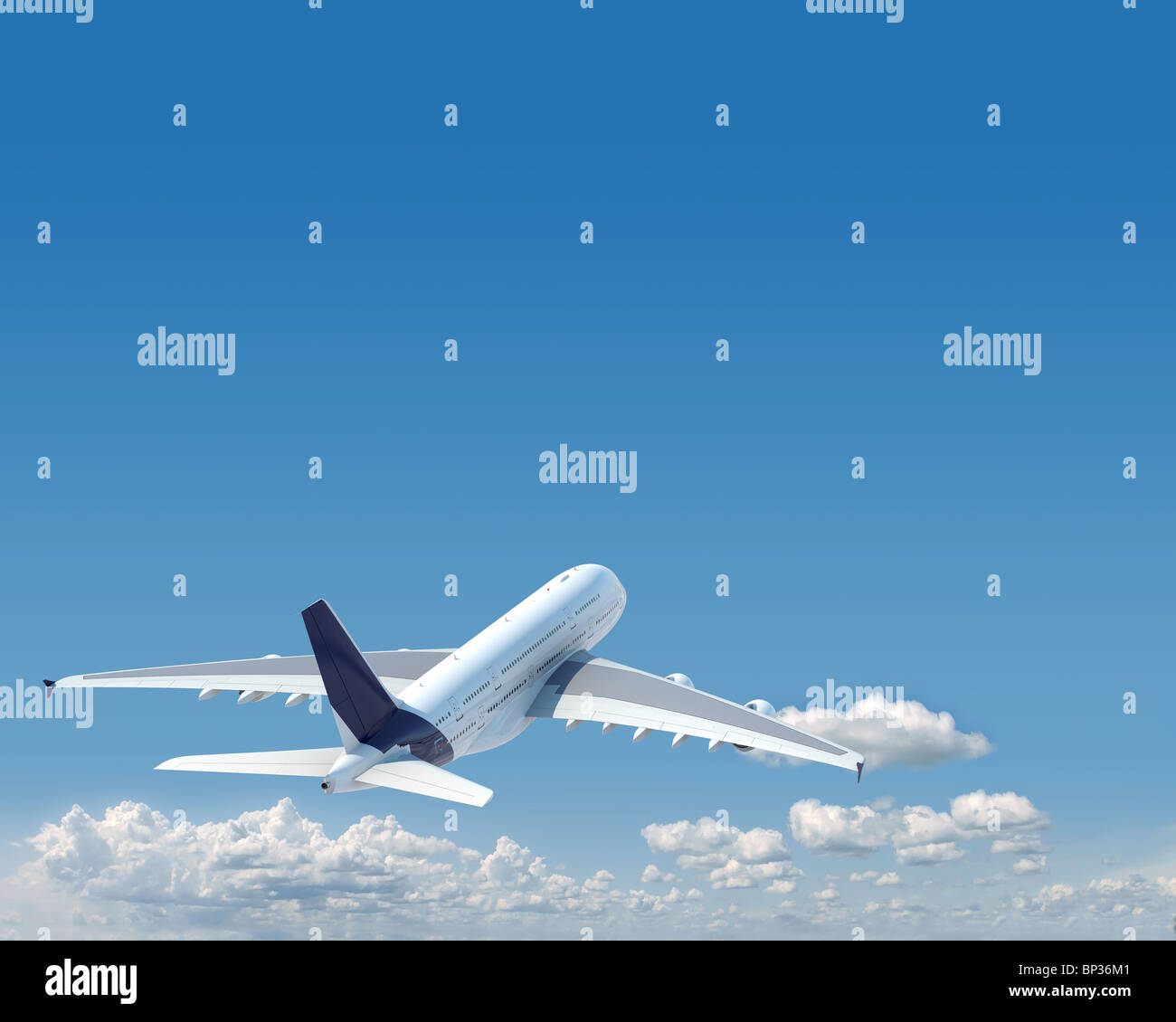 airplane in the sky seen from behind with copy space in the top and a ...