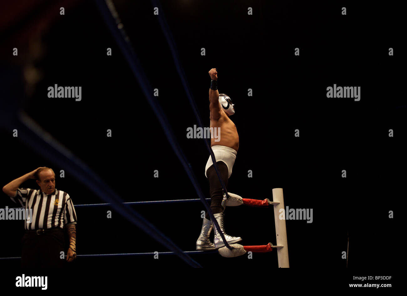 A wrestler gestures to fans at a Lucha Libre Wrestling show at Arena ...