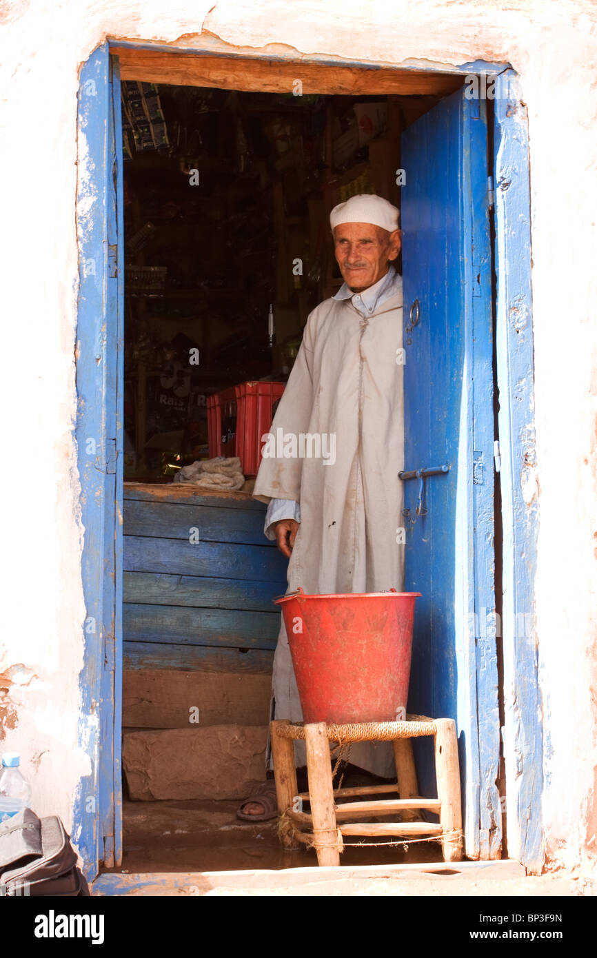 Old man in shop in remote mountain village, High Atlas Mountains Stock ...