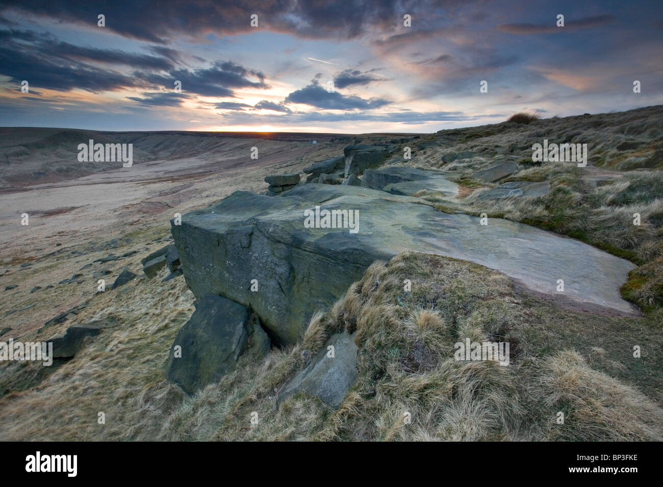 View across Marsden Moor at sunset from The Buckstones at March Haigh ...