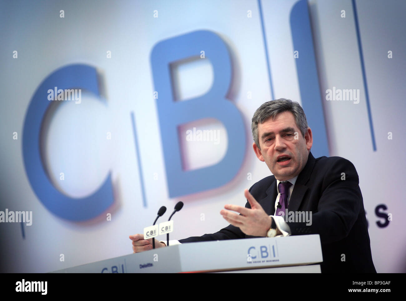 Former Prime Minister Gordon Brown speaking at the CBI Conference Stock ...