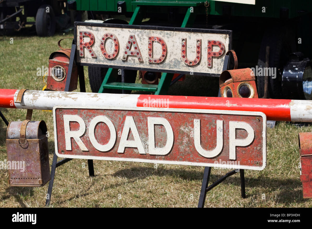 Old Fashioned Warning Signs for Road works Stock Photo - Alamy
