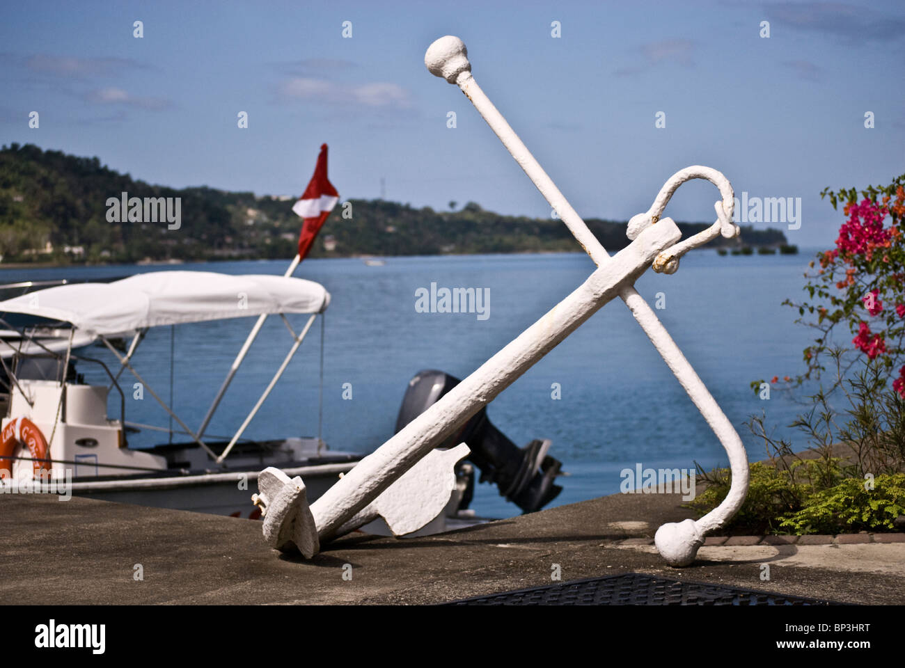 A decorative anchor on the jetty of Errol Flynn marina in Port Antonio ...