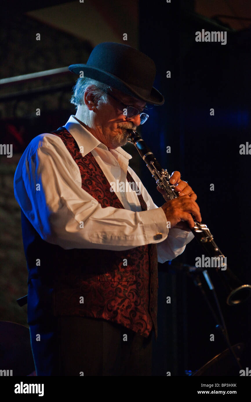 Mr Acker Bilk MBE (Bernard Stanley Bilk) playing clarinet at Brecon ...