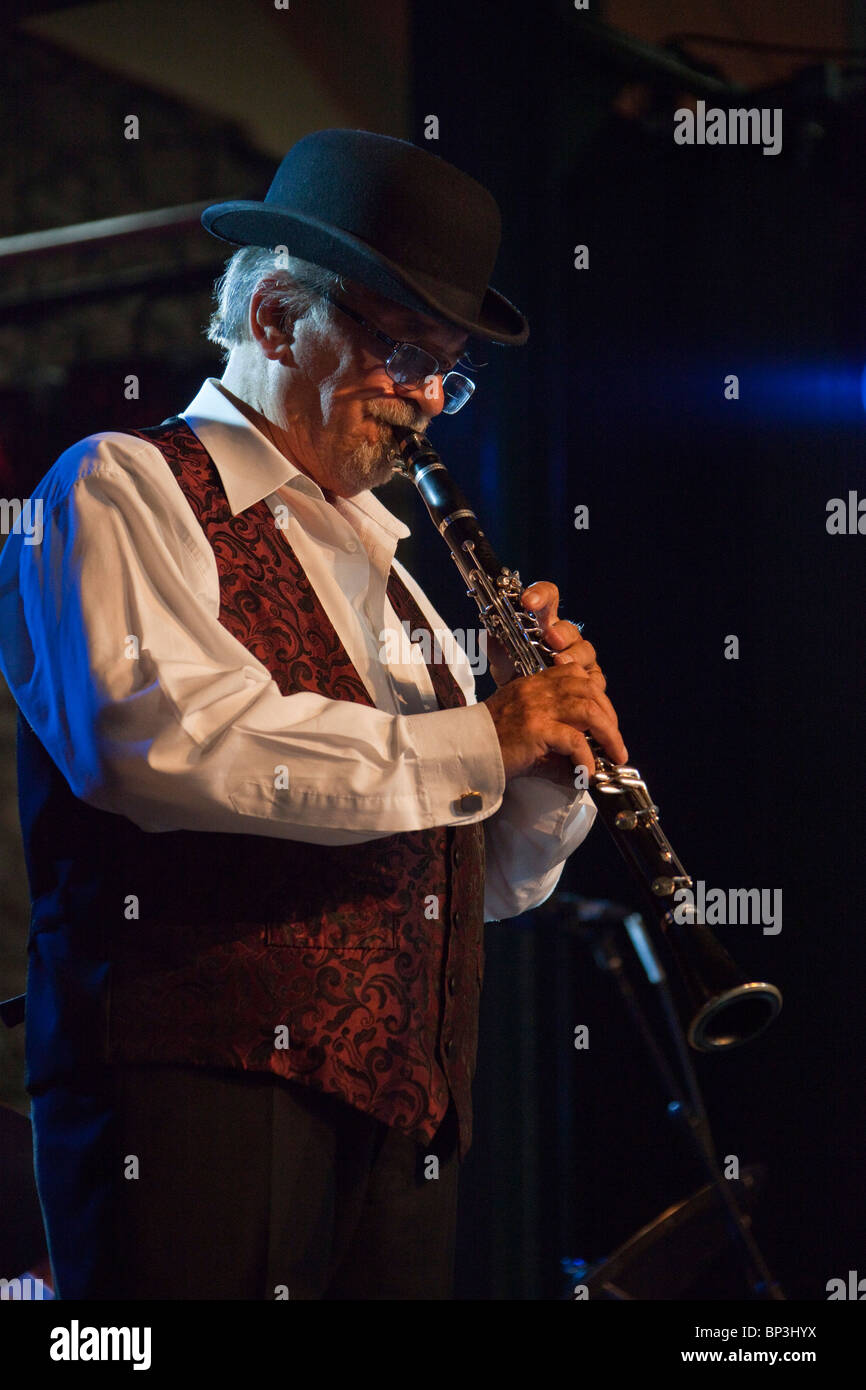 Mr Acker Bilk MBE (Bernard Stanley Bilk) playing clarinet at Brecon ...