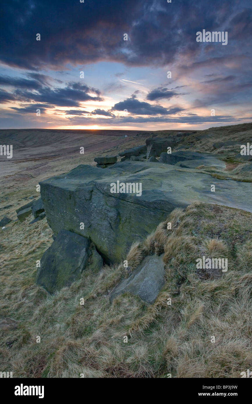 View across Marsden Moor at sunset from The Buckstones at March Haigh ...