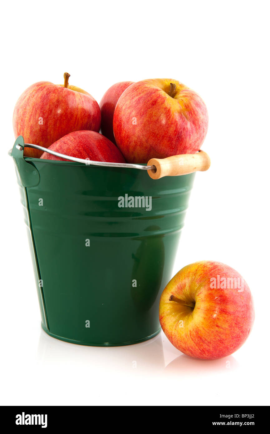 Green bucket full with red apples isolated over white Stock Photo - Alamy