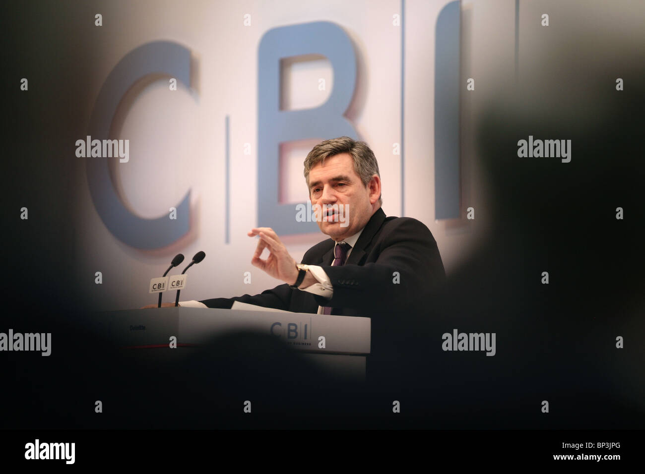 Former Prime Minister Gordon Brown speaking at the CBI Conference Stock ...