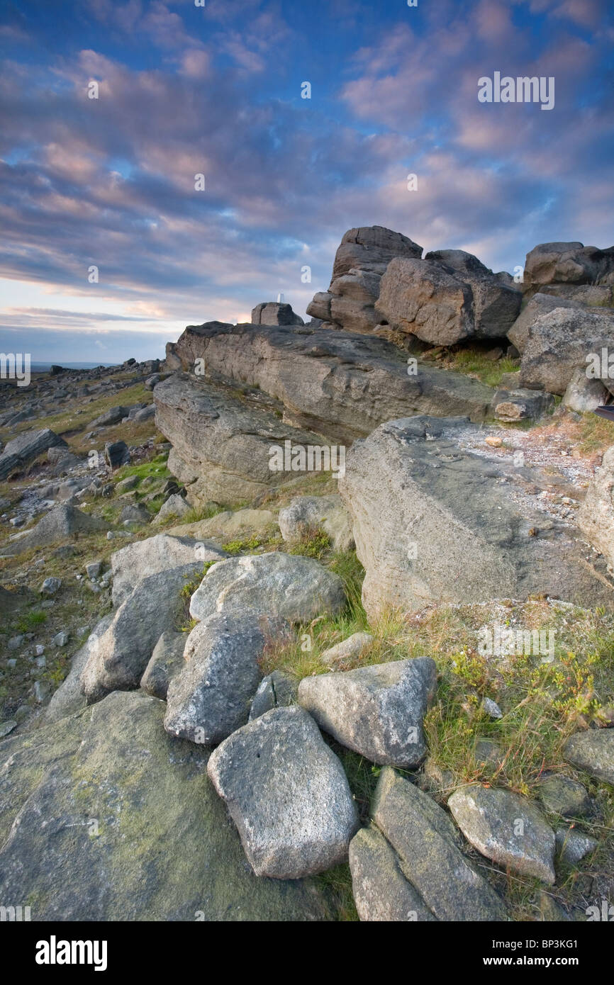 The Trig Point on Blackstone Edge in early summer at sunset Blackstone Edge Moor South pennines ...
