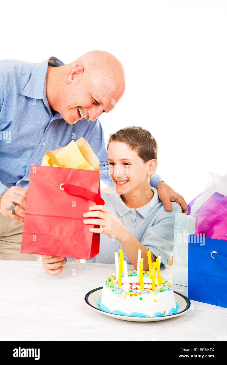 Father gives a birthday gift to his young son. White background Stock ...