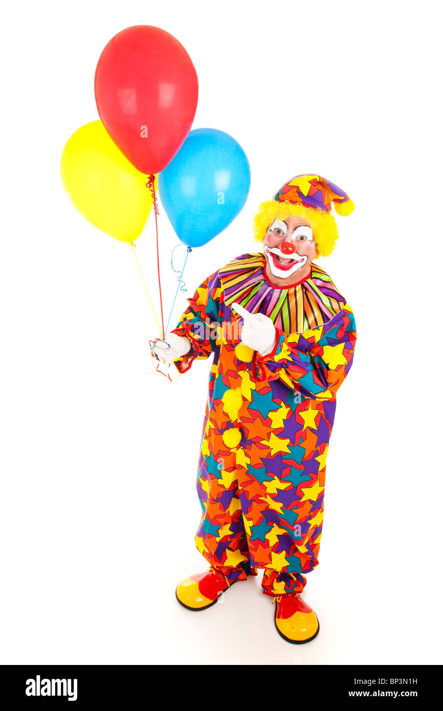 Cheerful birthday clown holding balloons. Full body isolated on white ...