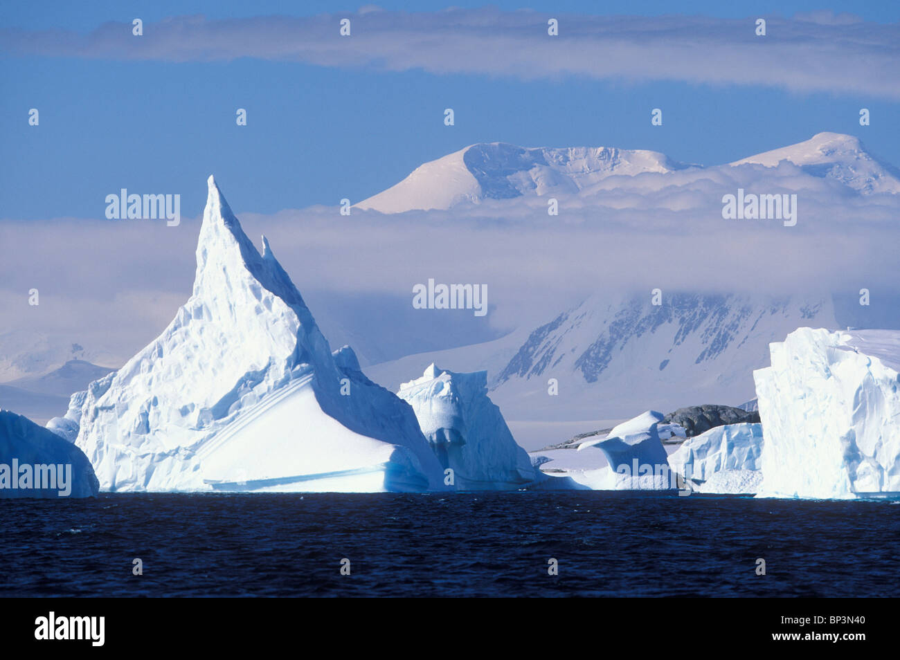 Antarctica, Boothe Island, Afternoon sun lights icebergs grounded near ...