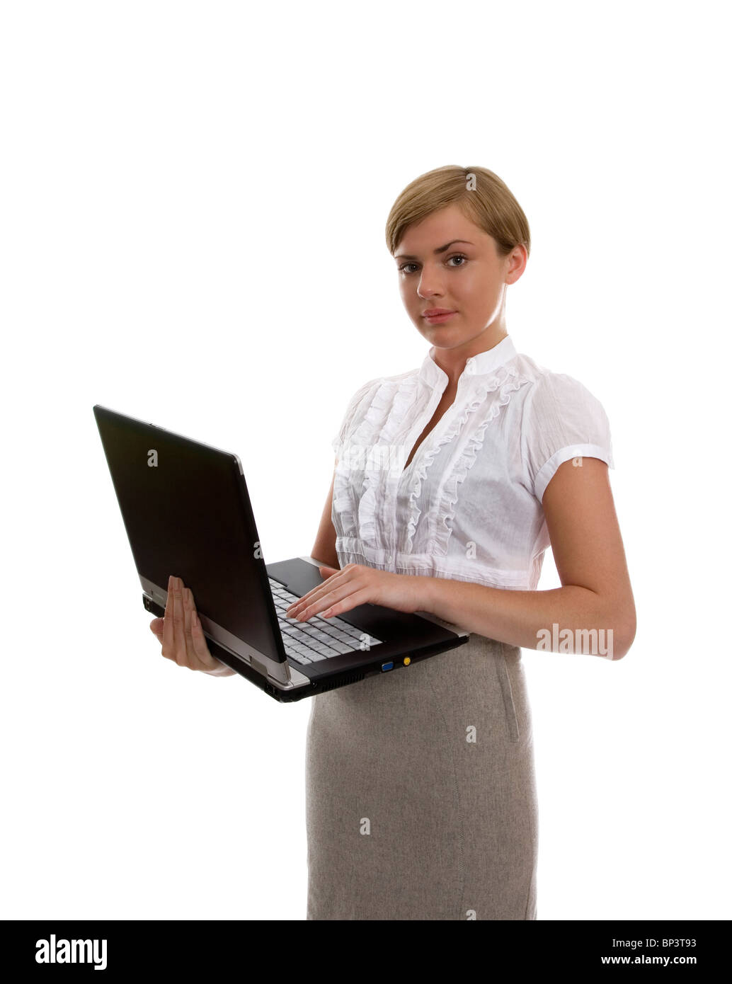 Woman holding open laptop Stock Photo - Alamy