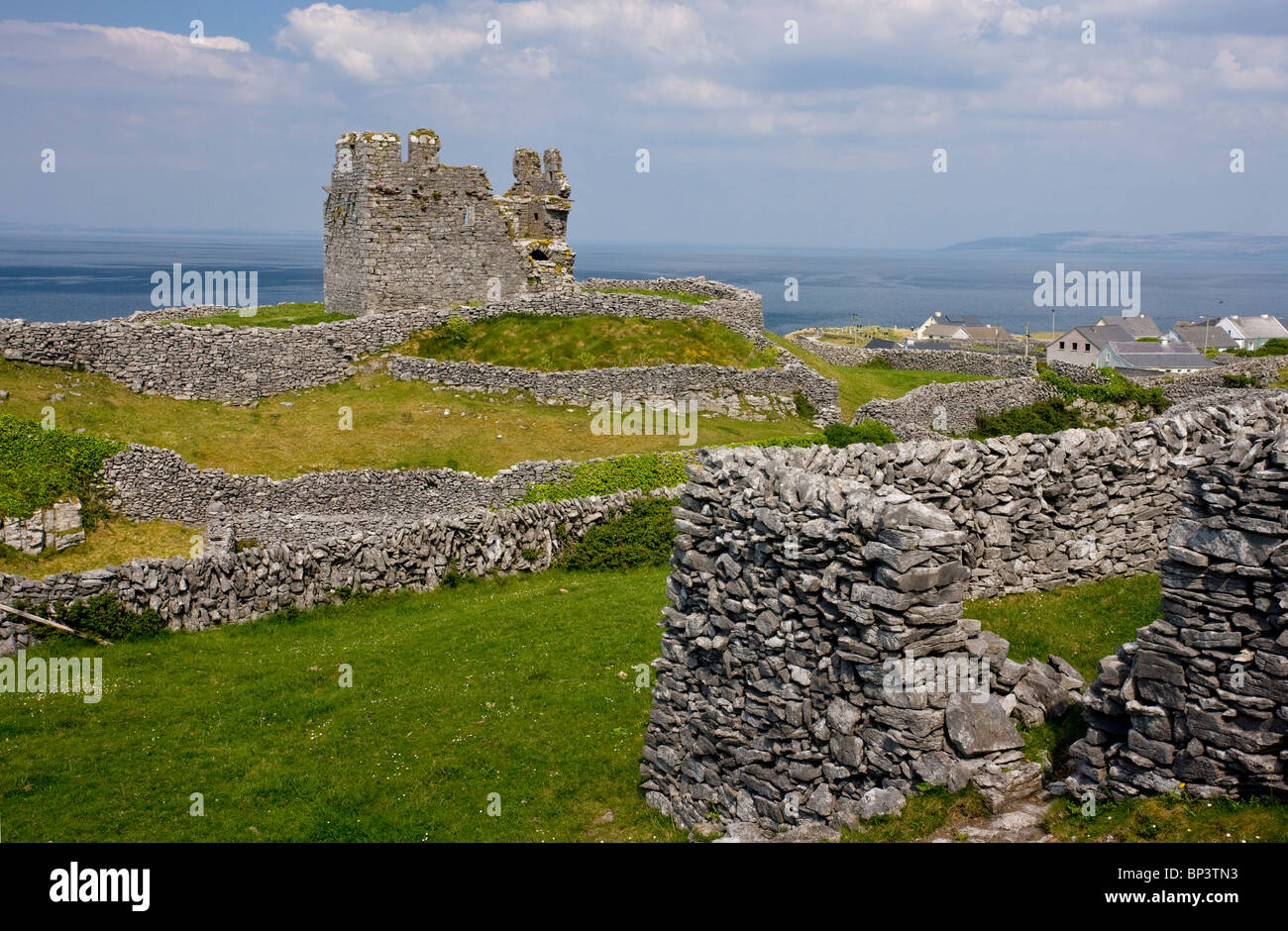 Ruins of the medieval O'Brien castle among small stone-walled fields ...