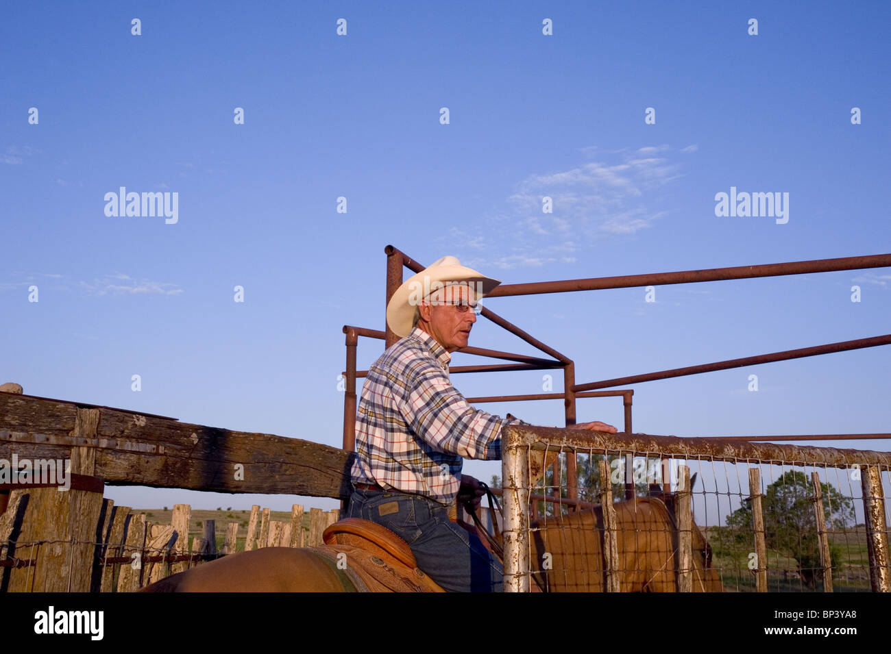 Cowboy Riding Through Gates Stock Photo - Alamy