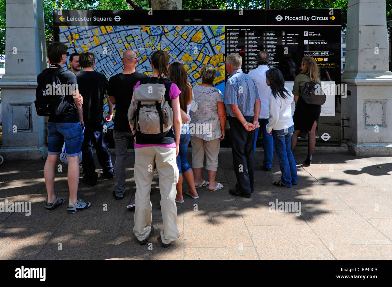 Tourists viewing large street map and information panel in Leicester ...