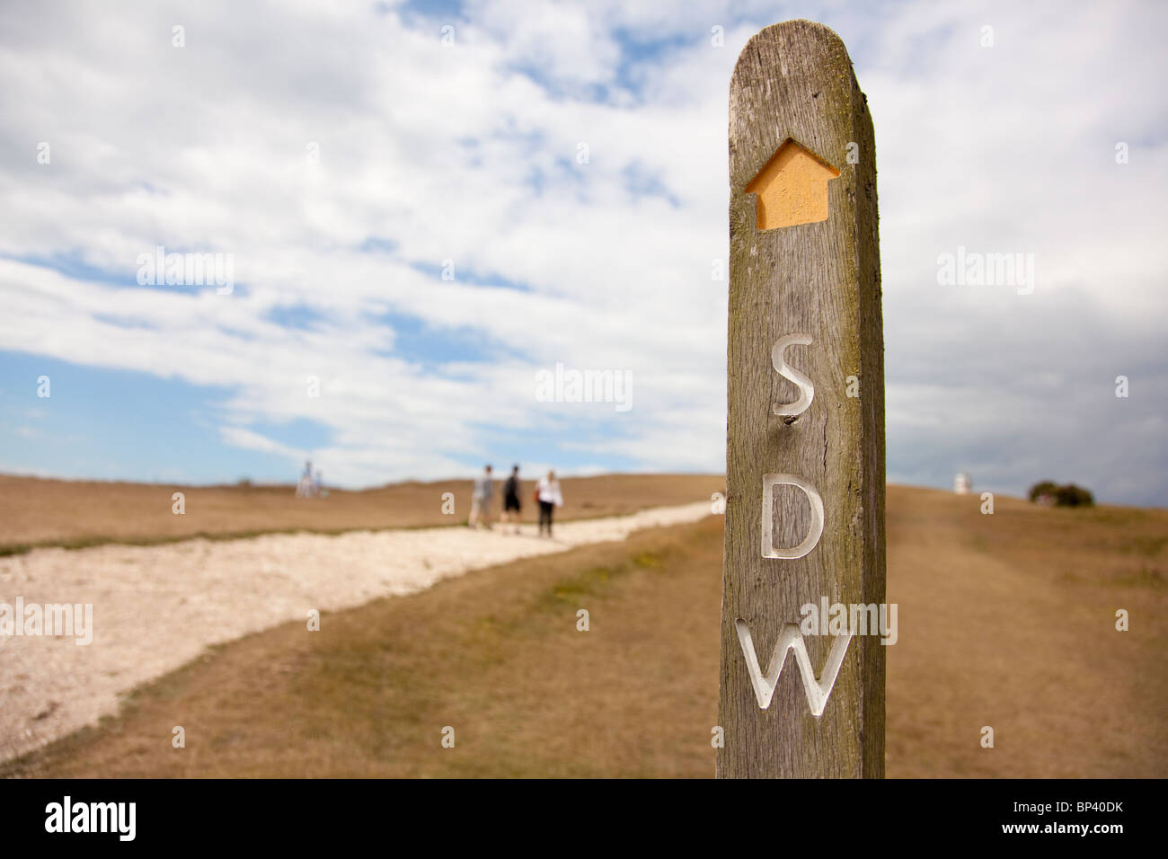 South Downs Way waymarker post near Beachy Head on the hill up to Belle ...