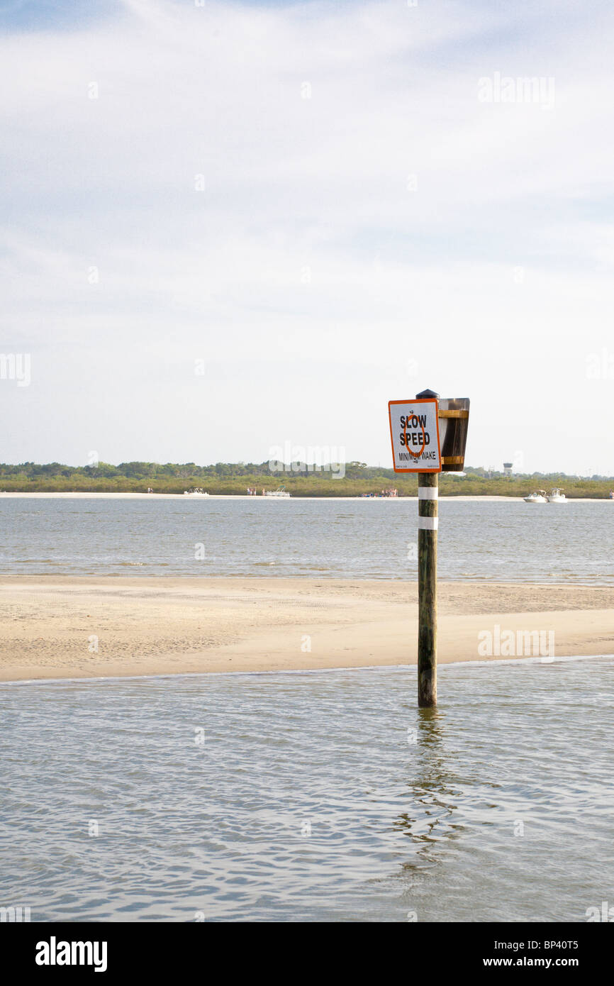 Ponce Inlet, FL - May 2010 - Slow Speed warning sign in shallow waters ...
