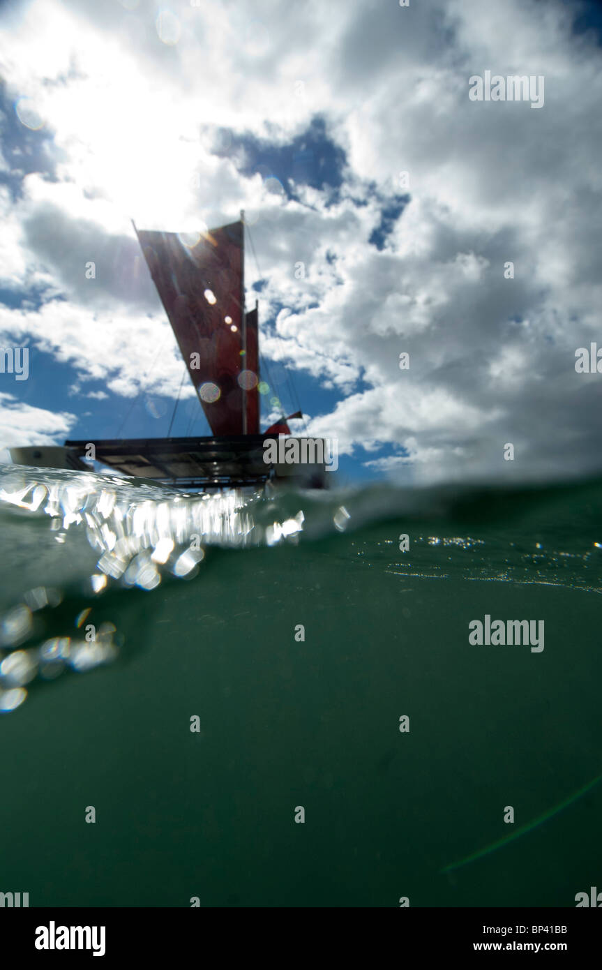 A traditional Pacific Island Waka catamaran seen from water level Stock ...