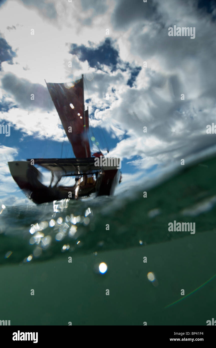 A traditional Pacific Island Waka catamaran seen from water level Stock ...