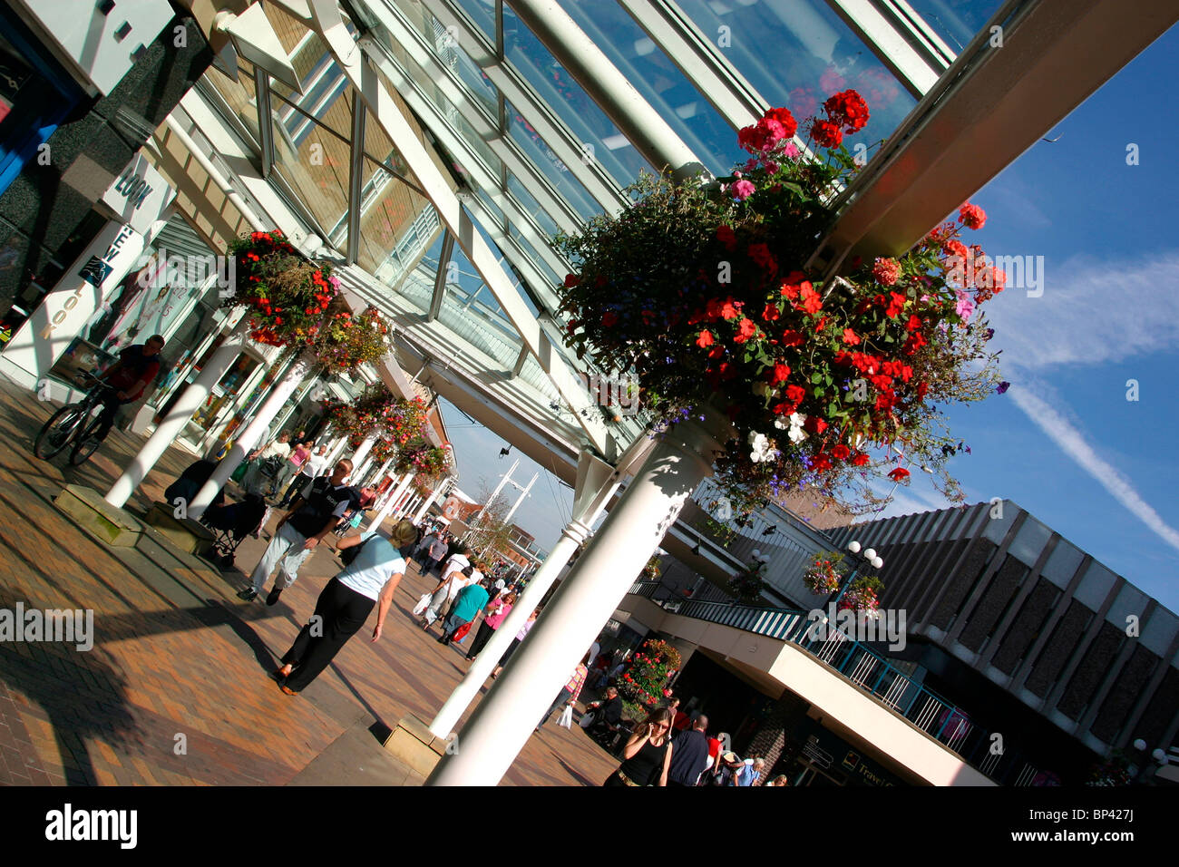 UK, England, Cheshire, Stockport, Merseyway Shopping Precinct, hanging ...
