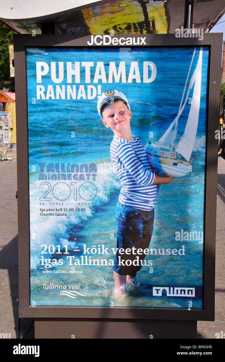 Advertsing sign at bus stop, Viru Turg, Tallinn, Harju County, Estonia ...