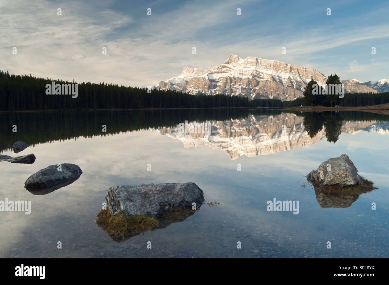 Mount Rundle at sunrise from Two Jack Lake, Banff National Park ...