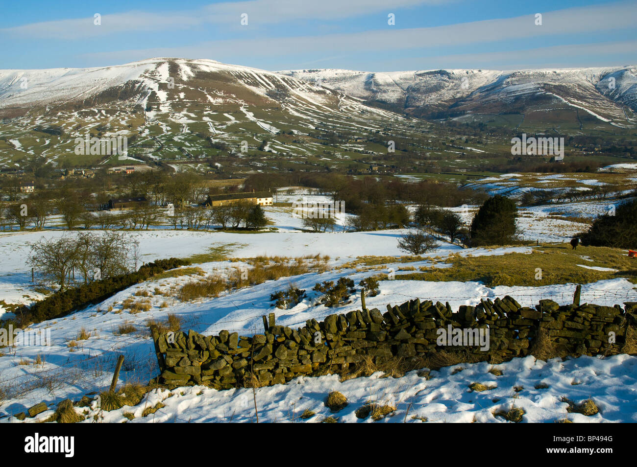 The Kinder Scout plateau in winter from Edale, Peak District National ...