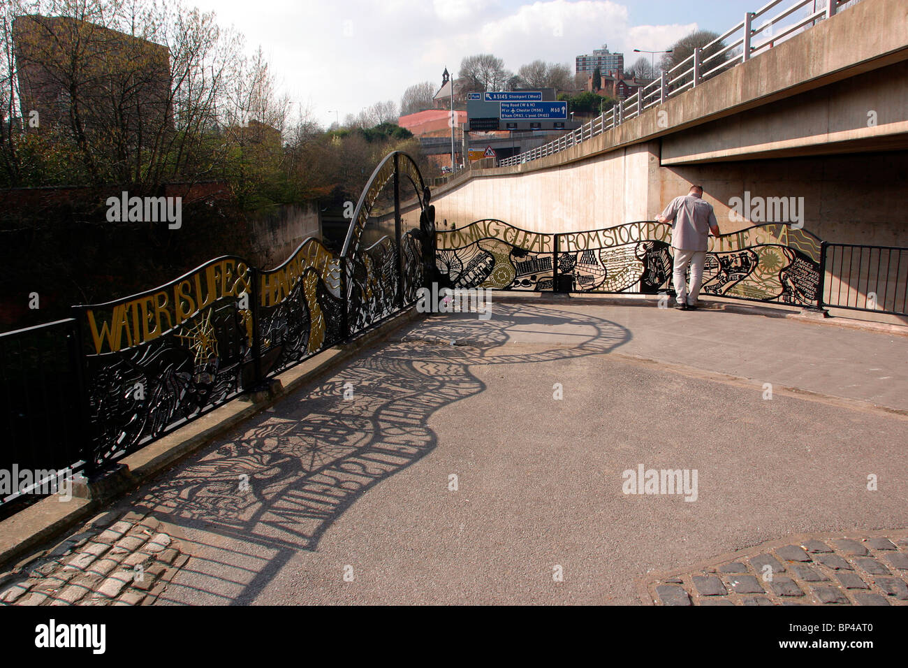 UK, England, Cheshire, Stockport, commemorative railings at confluence ...