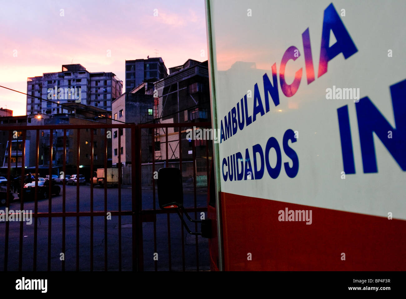 An ambulance car parked in the the Emergency medical service branch in ...