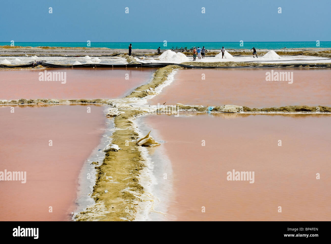 Colombian workers processing salt in the lagoon of Salinas de Manaure ...