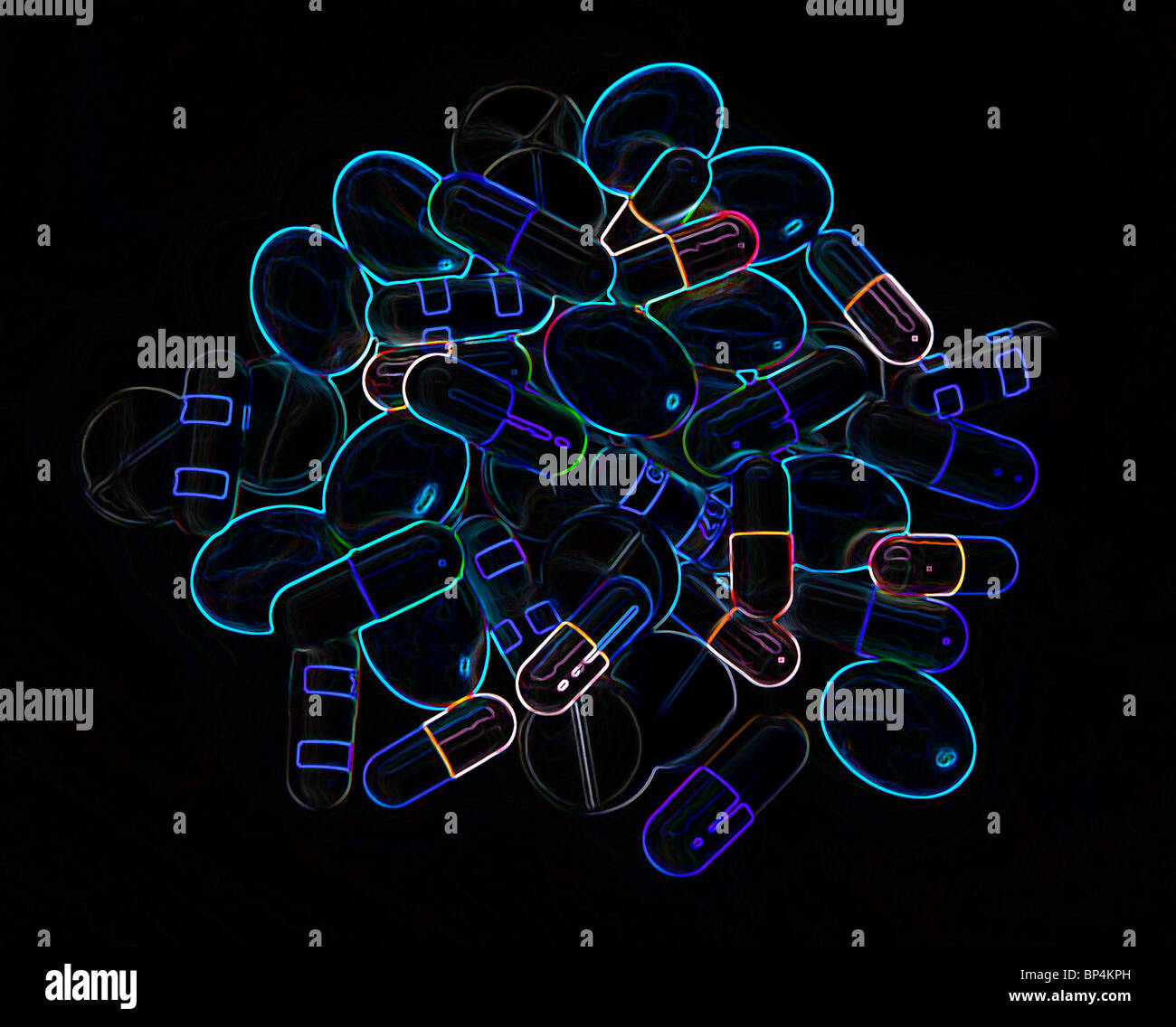 Various kind of pills neon glowing on black background Stock Photo - Alamy