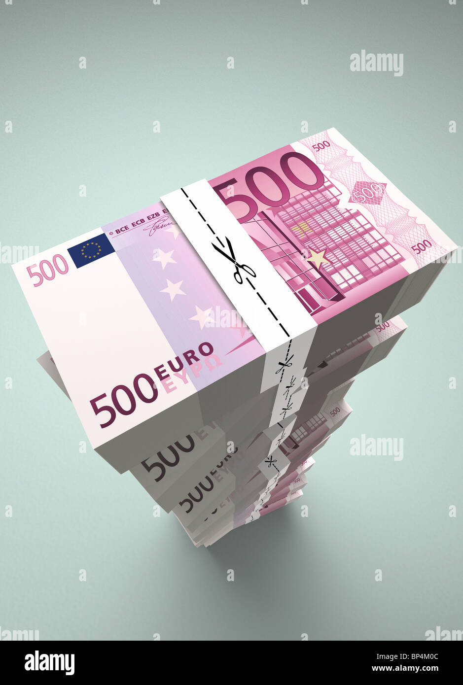 Large Stack of €500 Euro bank notes with scissors cutting along dotted ...