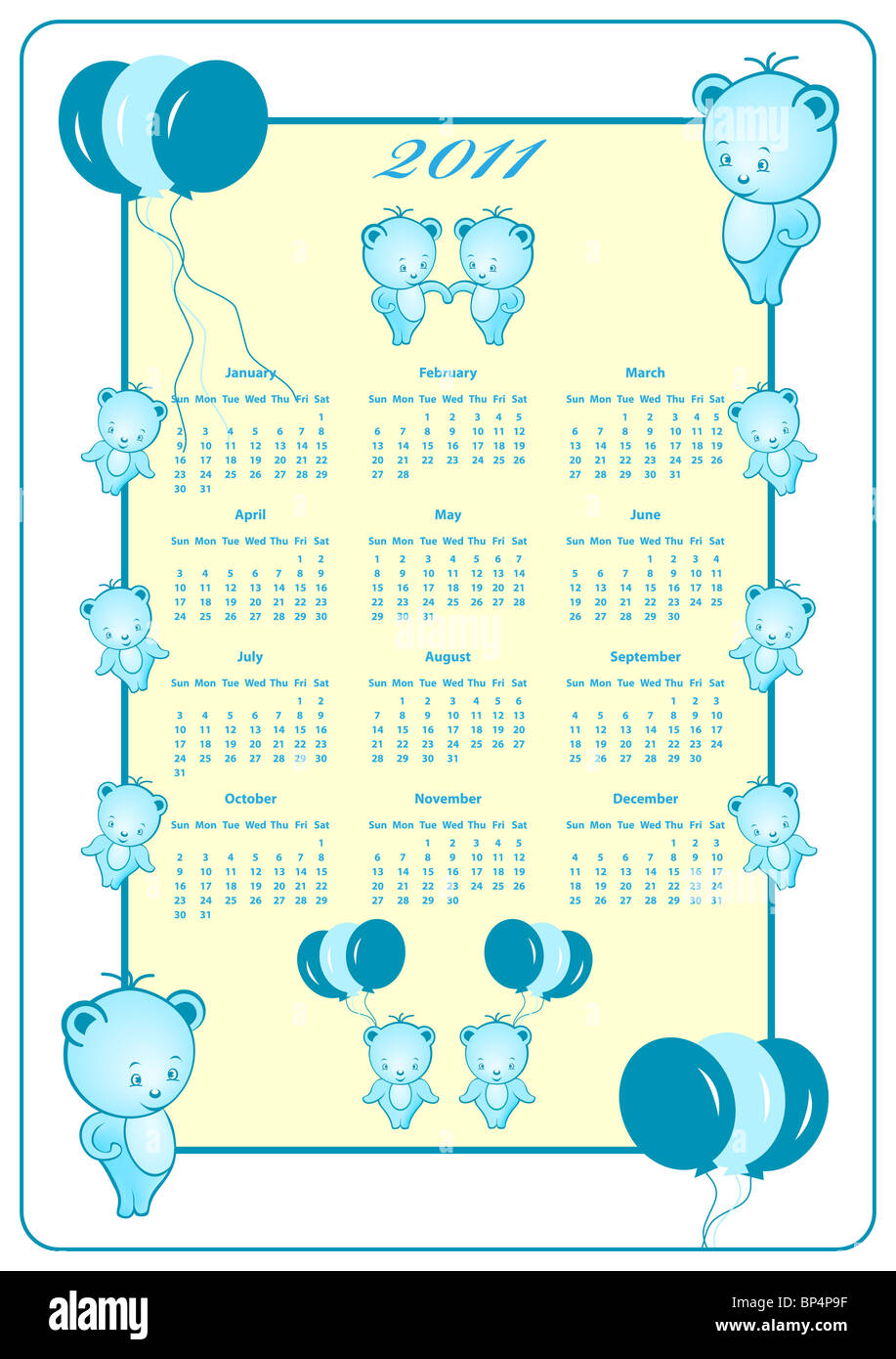 2011 Calendar decorated with blue balloons and teddy bears. Full year ...