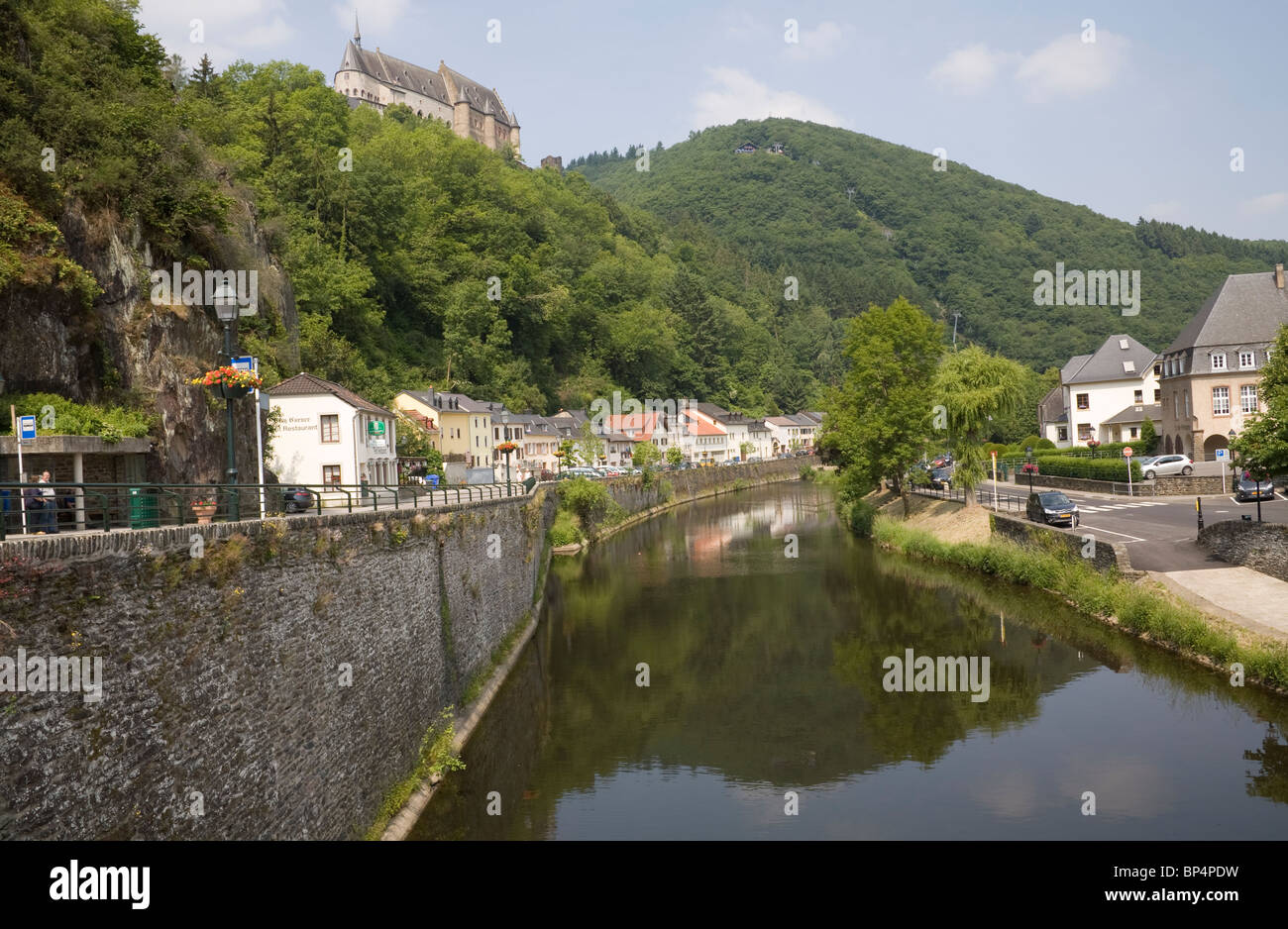 Vianden Luxembourg Europe EU View along the Our River to the Castle of ...