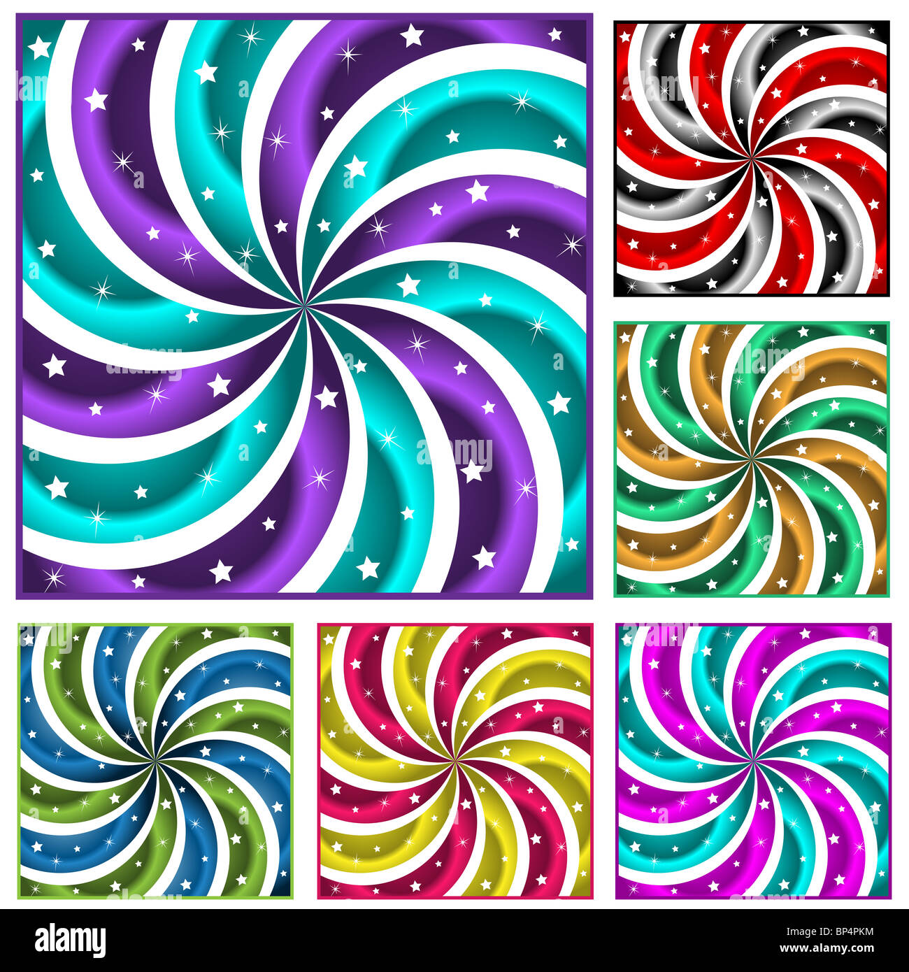 Sunburst collection of six different colored abstract swirly sun burst ...