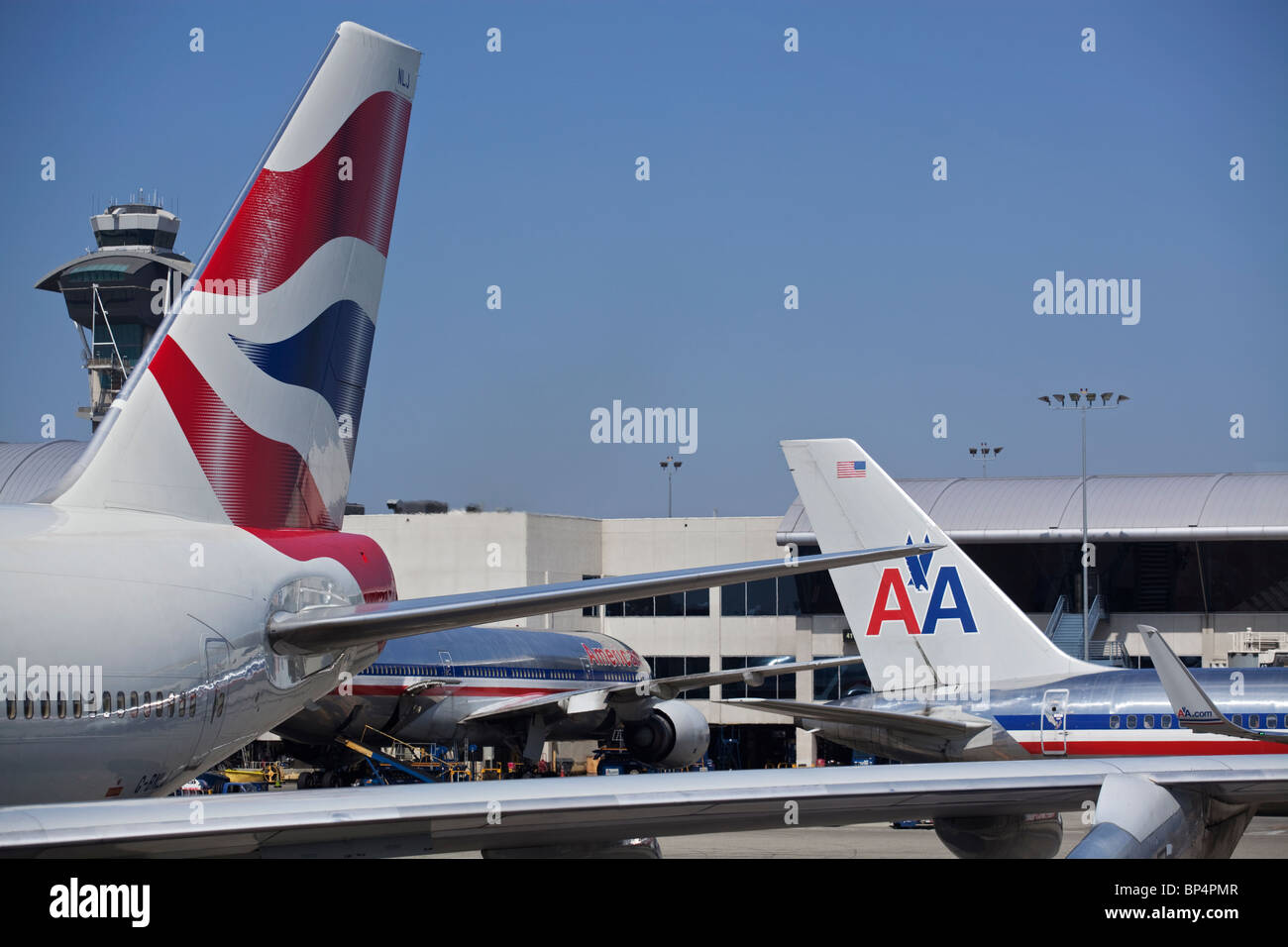 British Airways tailfin on Boeing 747 and American Airlines tailfin at ...
