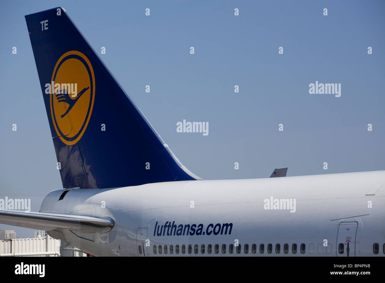 Lufthansa tailfin on Boeing 747 at LAX airport, Los Angeles, California ...