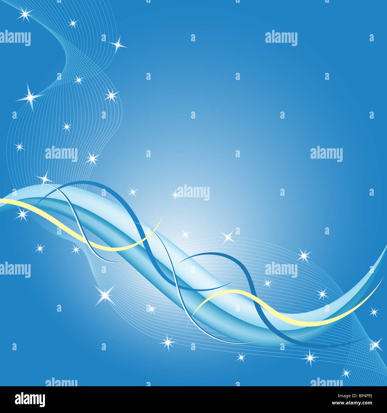 Abstract blue background composition with stars and flowing wispy lines ...