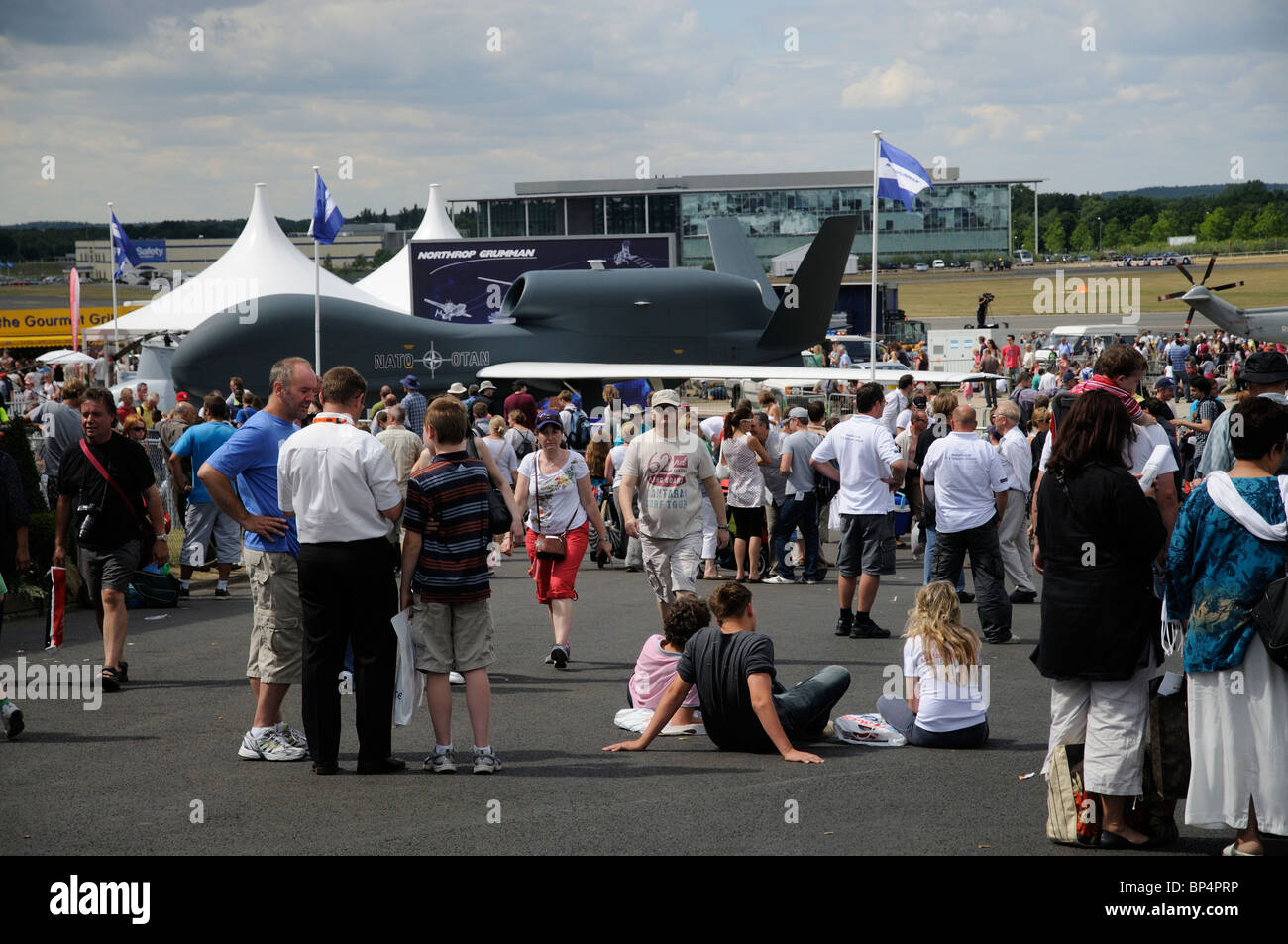 Farnborough Air Show 2010 crowded spectator area on a public open day ...