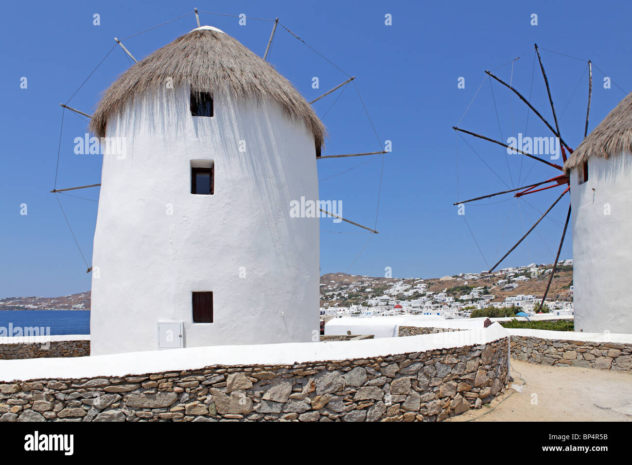 two of the famous windmills of Mykonos Town, Mykonos Island, Cyclades ...