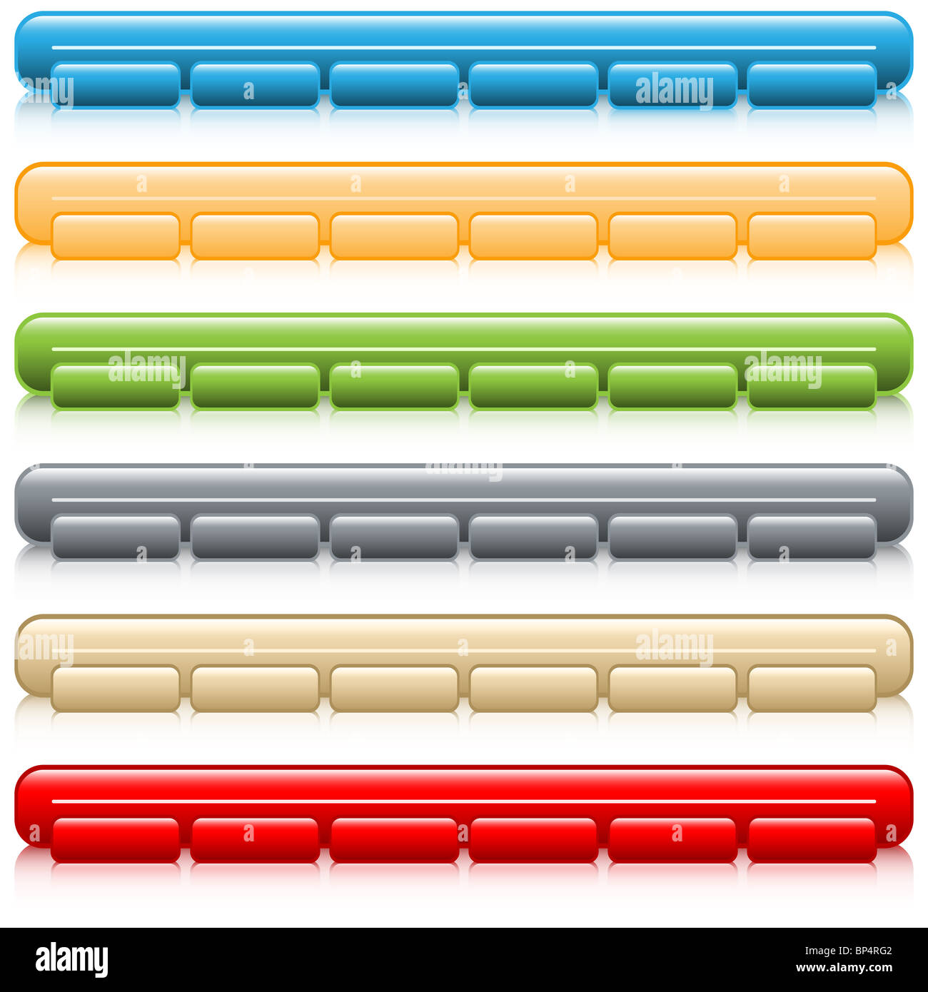 Web buttons, navigation bars with reflection, set of 6 in assorted colors. Isolated on white ...
