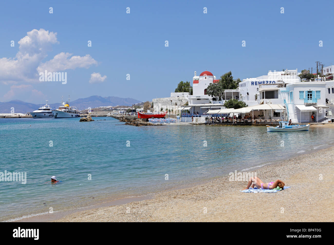 beach near the harbour of Mykonos Town, Mykonos Island, Cyclades ...