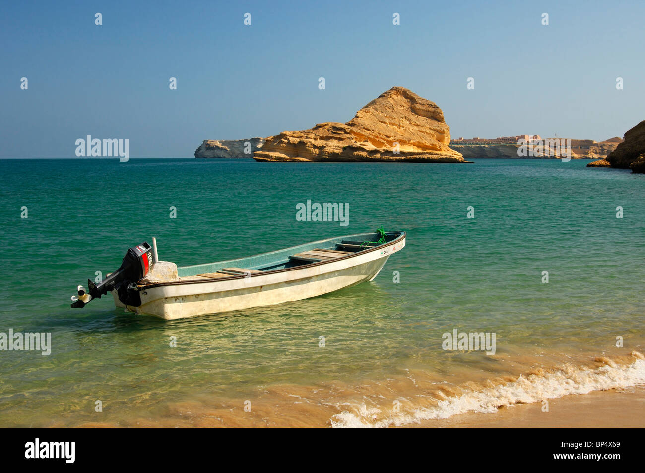 Motor-boat moored on the Quantab beach in the pittoresque Barr Al ...