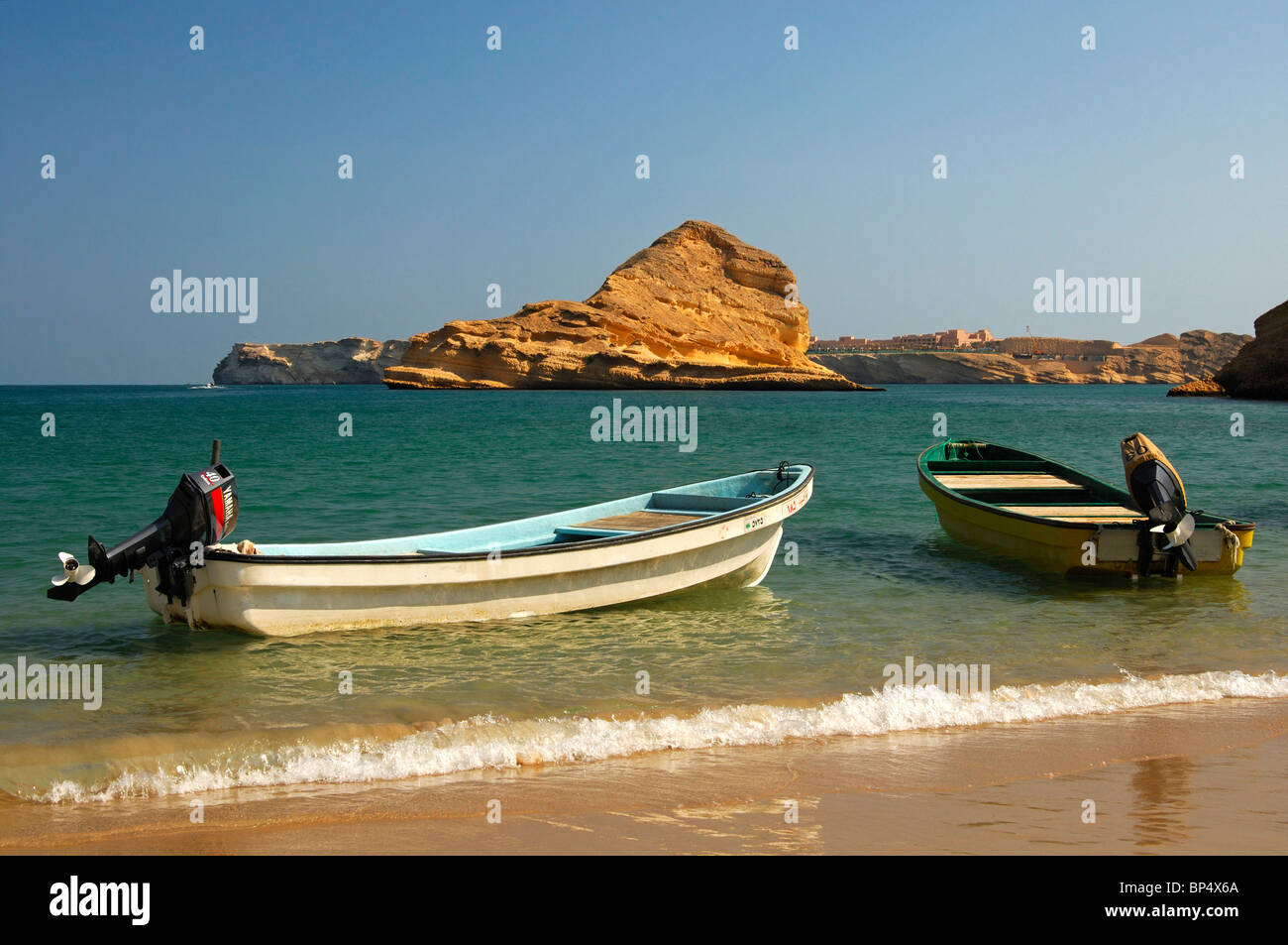 Motor-boats moored on the Quantab beach in the pittoresque Barr Al ...