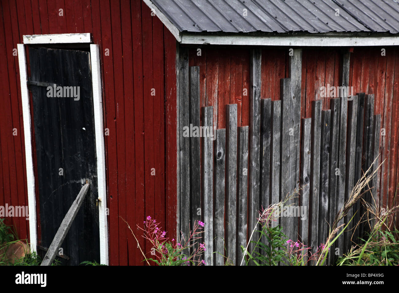 Traditional Nordic shed outhouse with repaired wood black door ...