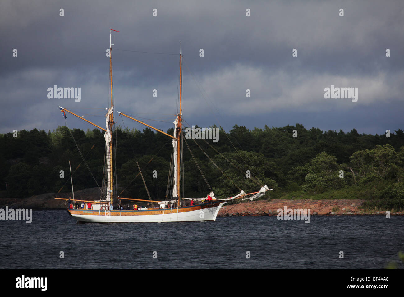Tall ship Albanus sailing near Björkö and Västeränga in Lemland on the ...